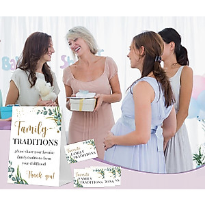 Baby Shower Games Family Traditions Sign, 1 Standing Sign and 50 Cards, Woodland Greenery Gender Neutral Decoration, Gender Reveal Party, Bridal Shower Favor Supplies-LT38