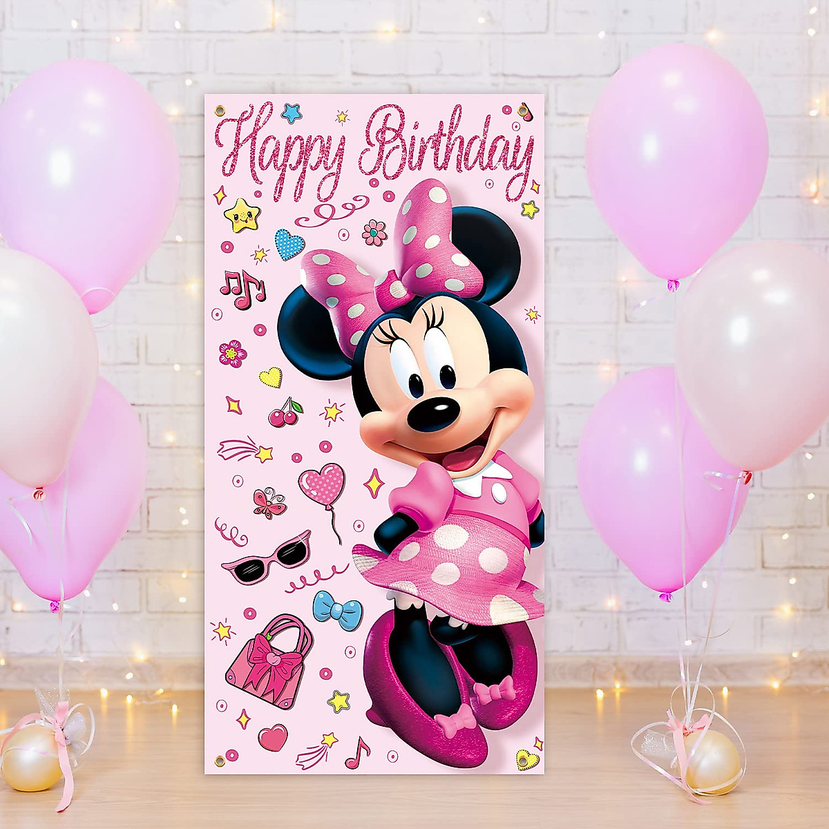 36x72inch Cute Cartoon Mouse Door Cover Banner Kids Hot Pink Mouse Birthday Party Porch Sign Decor Girls Happy Birthday Party Gift Supplies Decorations