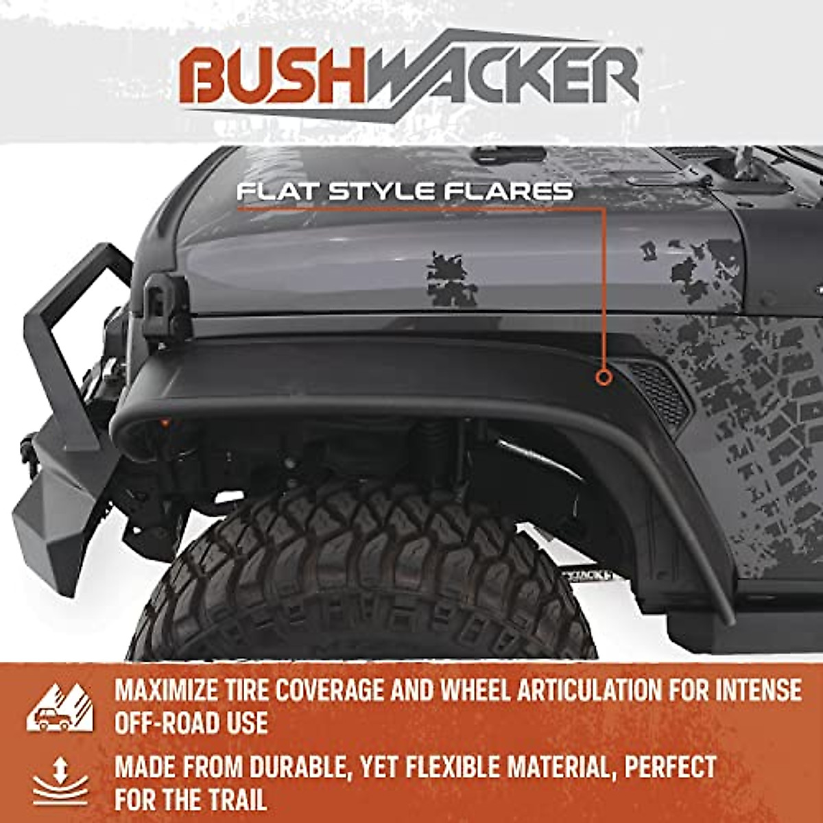 Bushwacker Jeep Flat Style Front & Rear Fender Flares | 4-Piece Set, Black, Textured Finish | 10920-07 | Fits 1997-2006 Jeep Wrangler TJ