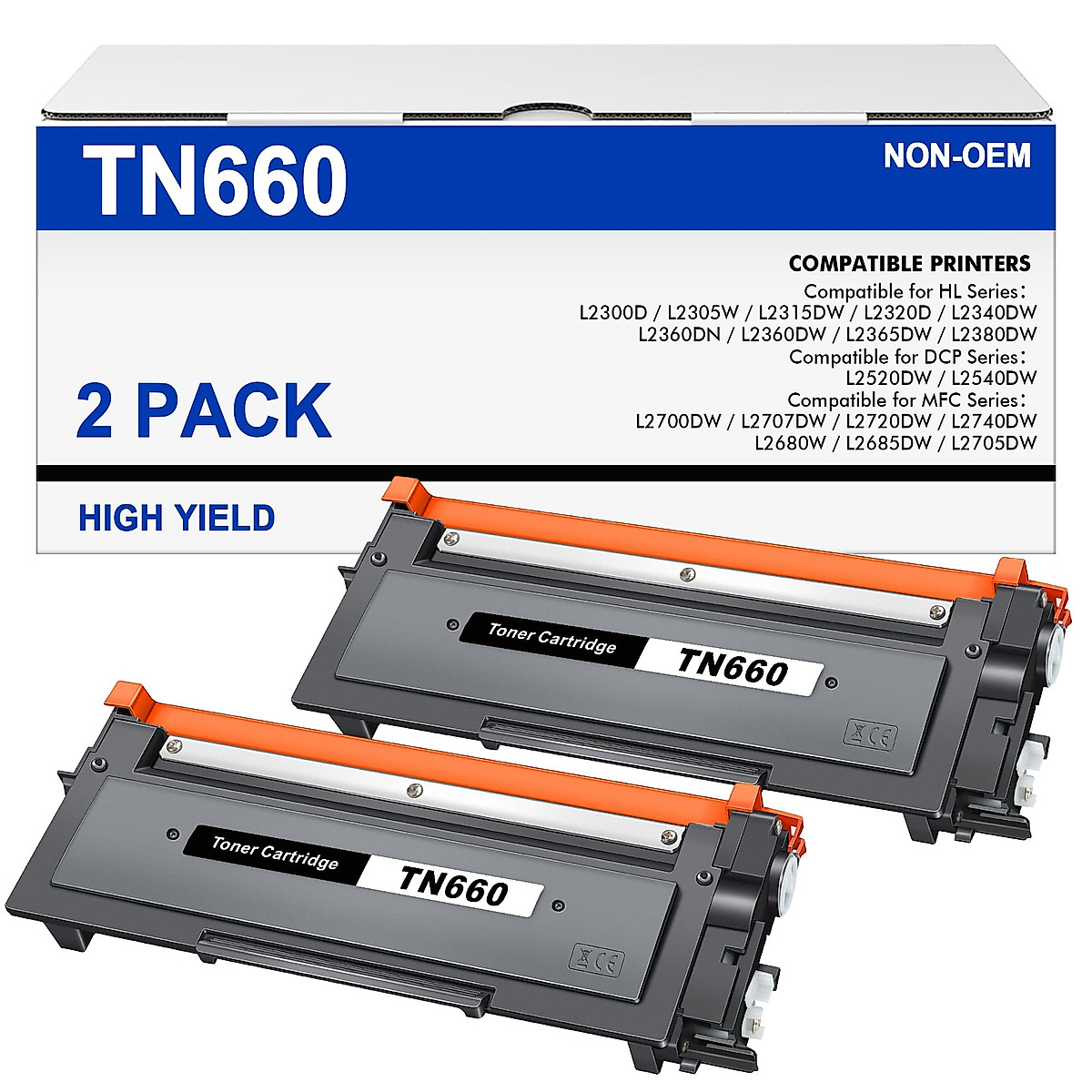 TN660 TN-660 High Yield Toner Cartridge Replacement for Brother TN660 TN-660 TN630 Compatible with Brother HL-L2300D HL-L2305W HL-L2380DW HL-L2320D HL-L2340DW DCP-L2540DW Printer (Black, 2 Pack)
