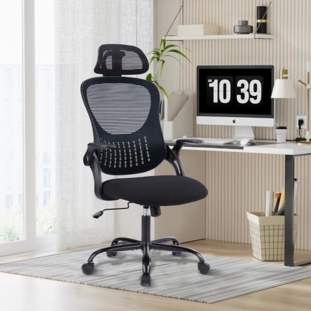 Home Office Desk Chair, Ergonomic Mesh High Back Computer Chair Height Adjustable Swivel Task Chair with Headrest and Flip-up Armrests, Black