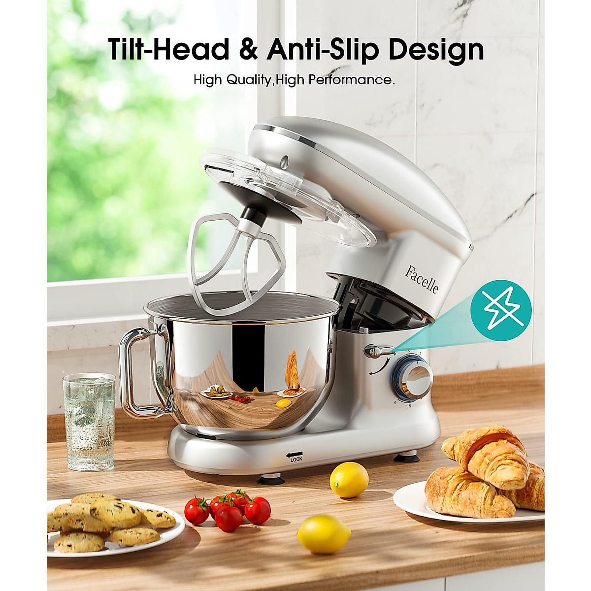 Facelle Stand Mixer, Electric Kitchen Mixer, 6 Speed Tilt-Head Stand Mixer with Pulse, Attachments include 6.5QT Bowl, Dishwasher Safe Beater, Dough Hook, Whisk for Dough, Baking,Cakes, Cookie -Silver