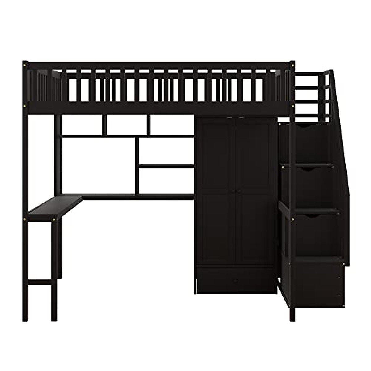 Merax Full Size Loft Beds Stairway Loft Bed Frame with Wardrobe, Desk, Bookcase and Drawers, Espresso