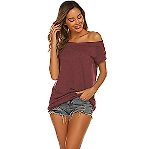 Tops for Women Off Shoulder Casual Summer Oversized Baggy Shirts Wine Red XL