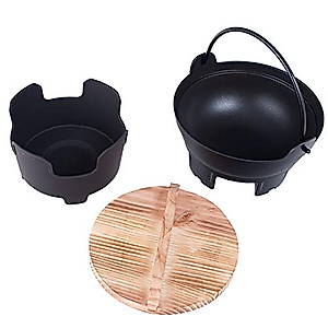 Happy Sales HSNBS-IRORI, Japanese Style Single Serving Shabu Shabu Pot Pan Hot Pot Sukiyaki Pan Irori Nabe Pot with Wooden Lid and Cooking Stove 32 fl. oz 7" Diameter