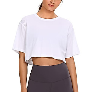 CRZ YOGA Women's Pima Cotton Workout Crop Tops Short Sleeve Yoga Shirts Casual Athletic Running T-Shirts White Medium