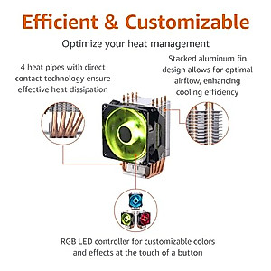 Amazon Basics Computer Cooling Fan with Cooler Master Technology, CPU Air Cooler, 4 Heat Pipes, RGB LED PWM, ‎4.02 X 3.28 X 4.96 Inch, Aluminum Fins