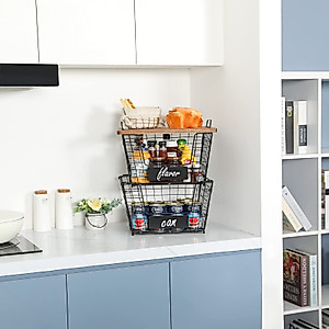 2 Stackable Wire Storage Baskets with Wood Lid and Chalkboards - Kitchen Countertop Organizer for Fruit Vegetable（Onion, Potato) Food Produce - Metal Bin for Pantry Organization and Storage, Black