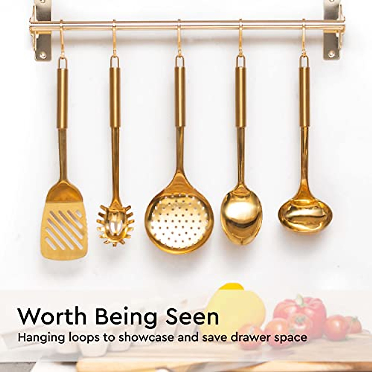 Brass/Gold Cooking Utensils Set for Modern Cooking and Serving - 5 PC Dishwasher Safe Stainless Steel Gold Utensils Set - Gold Serving Spoon, Gold Ladle - Gold Kitchen Utensils for Gold Kitchen