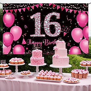 Sweet 16 Birthday Banner Hot Pink, Happy 16th Birthday Decorations for Girls, Sweet Sixteen Party Decorations, 16 Year Old Birthday Photo Props Yard Sign Decor Supplies, Fabric Vicycaty