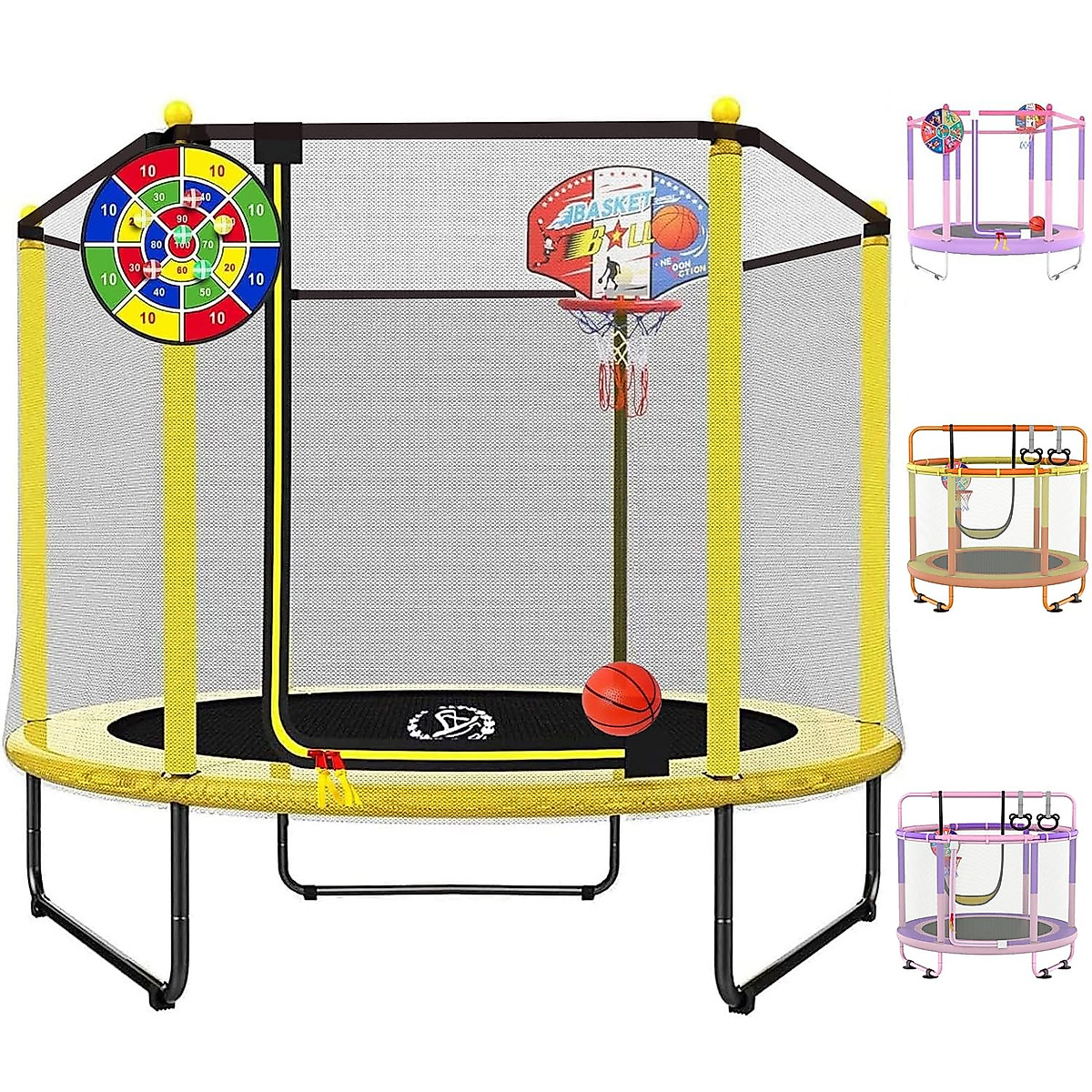 LANGXUN 60" Trampoline for Kids, 5ft Mini Toddler Indoor & Outdoor Trampoline with Net, Basketball Hoop & Dart Board, Birthday Gifts for Boys & Girls, Baby Toddler Christmas Toys, Age 1-8 Years