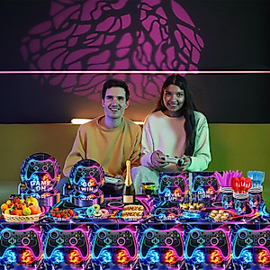 QIYANPAX 168 PCS Video Game Party Decorations Game Party Supplies Includes Plates, Napkins, Cups, Cutlery for Gamer Birthday Party Decorations, Serves 24