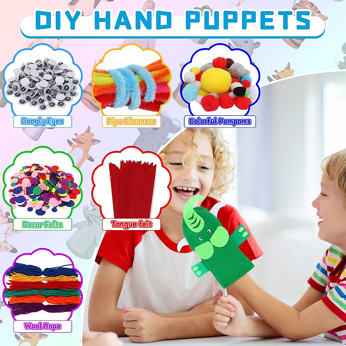 12 Pieces DIY Hand Puppets Making Kit Felt Sock Creative Art Craft Making Your Own Puppets Colorful Pompoms Wiggle Googly Eyes Storytelling Role Play Party Supplies