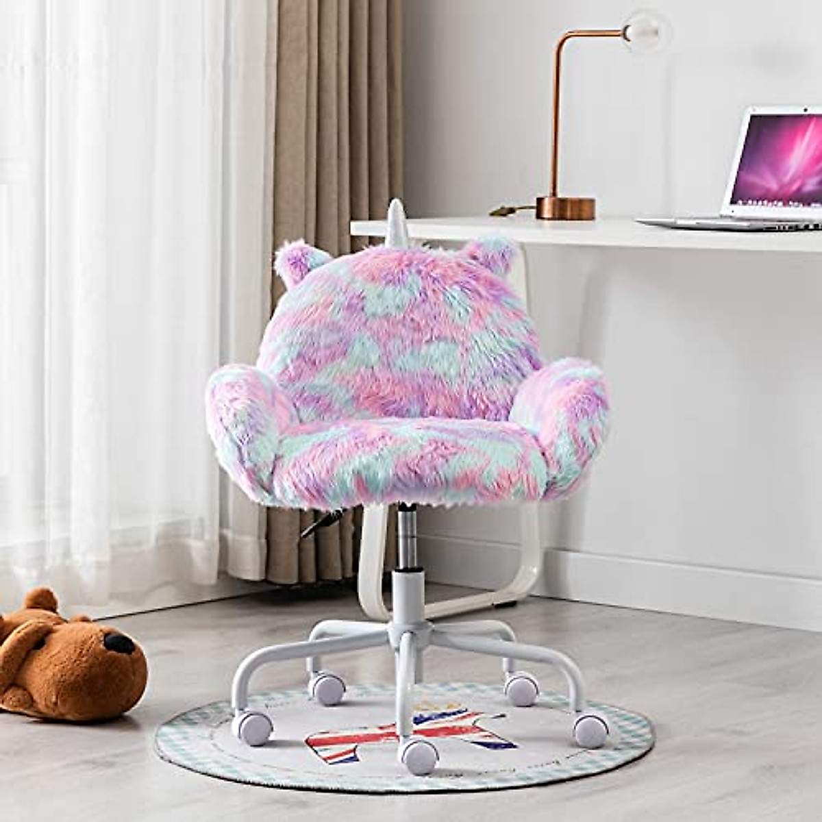 Guyou Children Study Desk Chair Height Adjustable Swivel Chair with Armrests Computer Chair for Kids, Rainbow Faux Fur Soft Fluffy Shaggy Dog