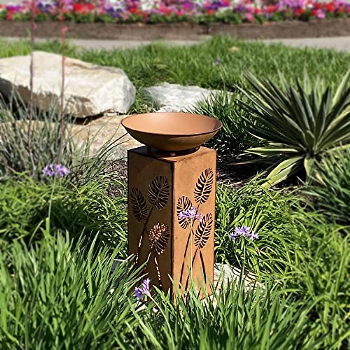 Westcharm Rustic LED Pillar Garden Statue with Planter Dish Bowl and Automatic Timer - Decorative Column Outdoor Statue with Leaves Motif for Home Yard Patio Outdoors Garden Decoration