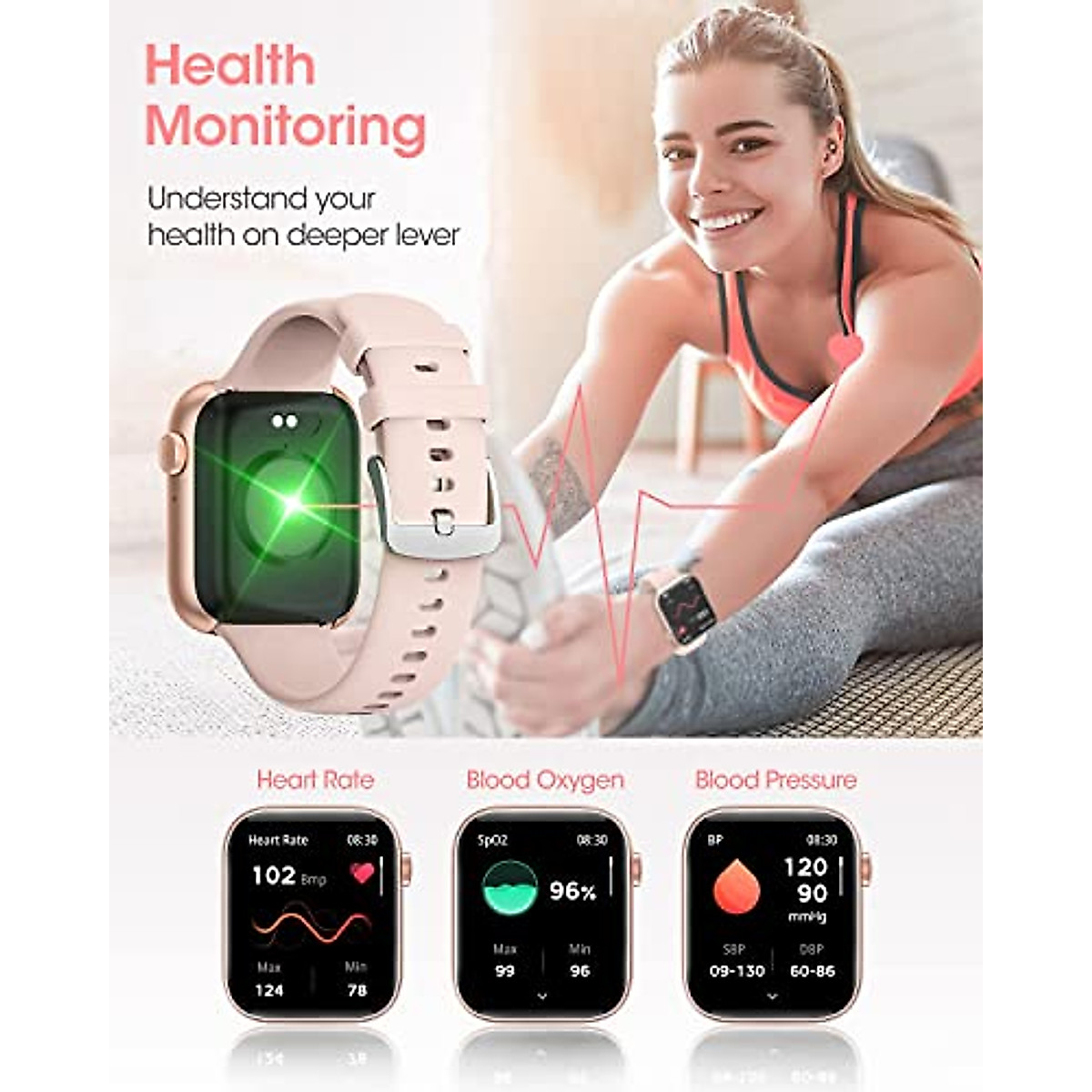Smart Watch Women(Answer/Make Calls), 2023 Newest 1.8'' Bluetooth Smart Watch for Android iPhones, 5ATM Waterproof Outdoor Fitness Tracker with AI Voice/Heart Rate/SpO2/Sleep Monitor, Smartwatch Pink
