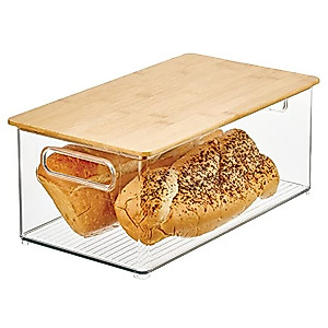 mDesign Plastic Stackable Storage Organizer Container Bin with Handles, Bamboo Wood Lid; for Kitchen, Pantry, Cabinet Organization; Holds Packaged Food, Snacks; Ligne Collection, 8 Pack, Clear/Natural