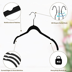 Quality Hangers 50 Pack - Heavy Duty Anti Rust Plastic Clothes Hangers, Space Saving Closet Hangers with Chrome Swivel Hook, Functional Non-Flocked Hangers, Black