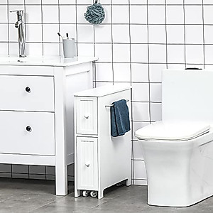 kleankin Narrow Bathroom Cabinet on Wheels, Freestanding Toilet Paper Holder with 2 Drawers, Towel Rack, White