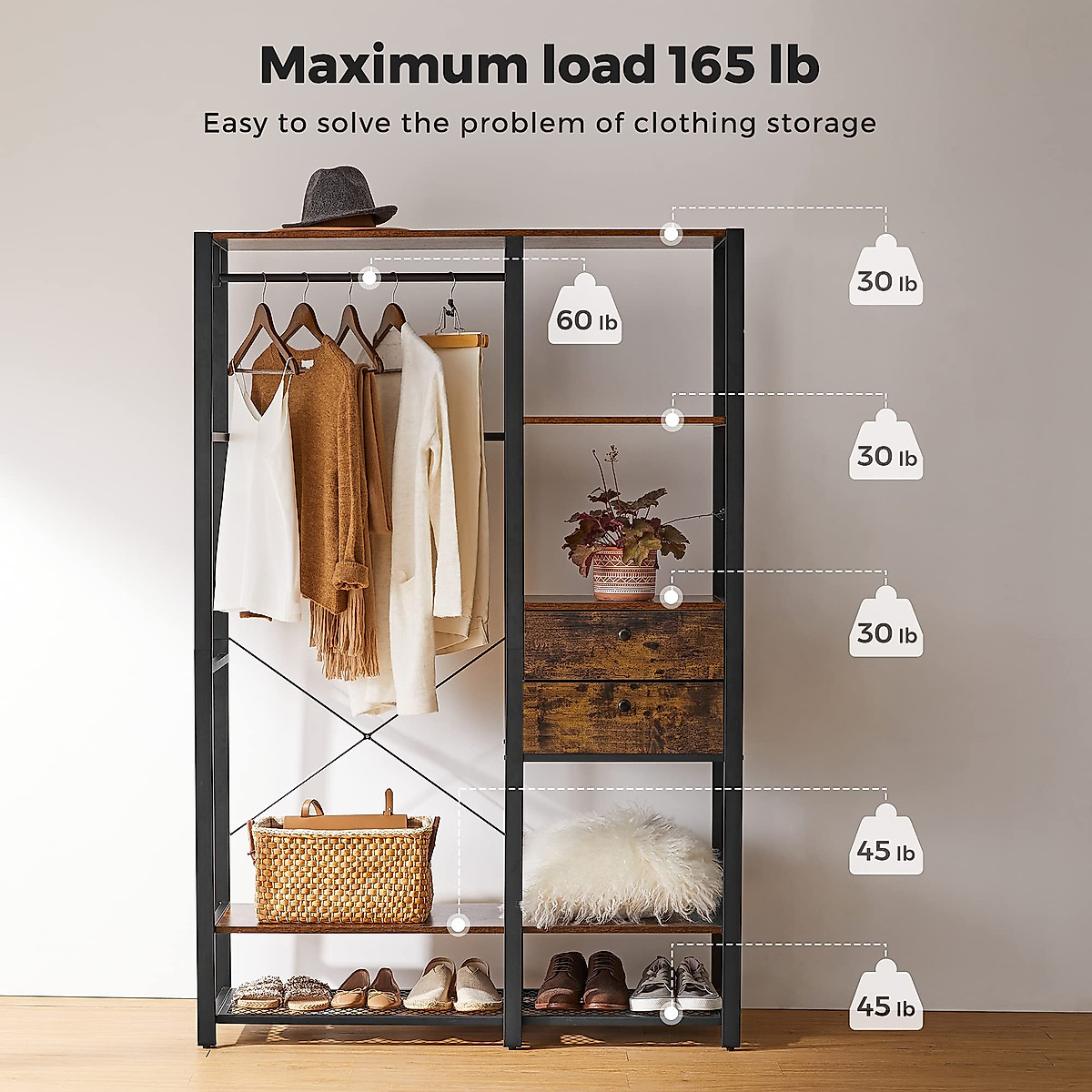 VASAGLE Free Standing Closet Organizer, Clothes Rack, Closet Organizer and Storage Shelves, Hanging Rod, 2 Drawers, Industrial Style, Rustic Brown and Black URGR001B01