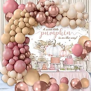 MEHOFOND Boho Baby Shower Party Decorations Set 156pcs Retro Boho Balloons Set Fall Pumpkin Girl Baby Shower Backdrop Pink Floral A Little Pumpkin Is On The Way Banner Boho Balloon Garland Arch Kit