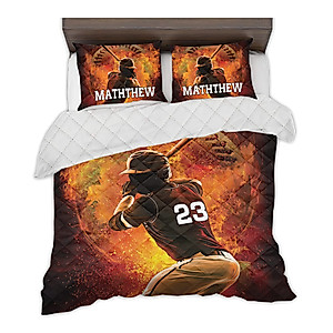 COZZBED Custom Flame Baseballer Quilt Set with Your Name, Baseball Bedding King Queen Twin Throw, Boys Baseball Comforter Set, Super Soft Lightweight All Season Baseball Blanket Bedspreads