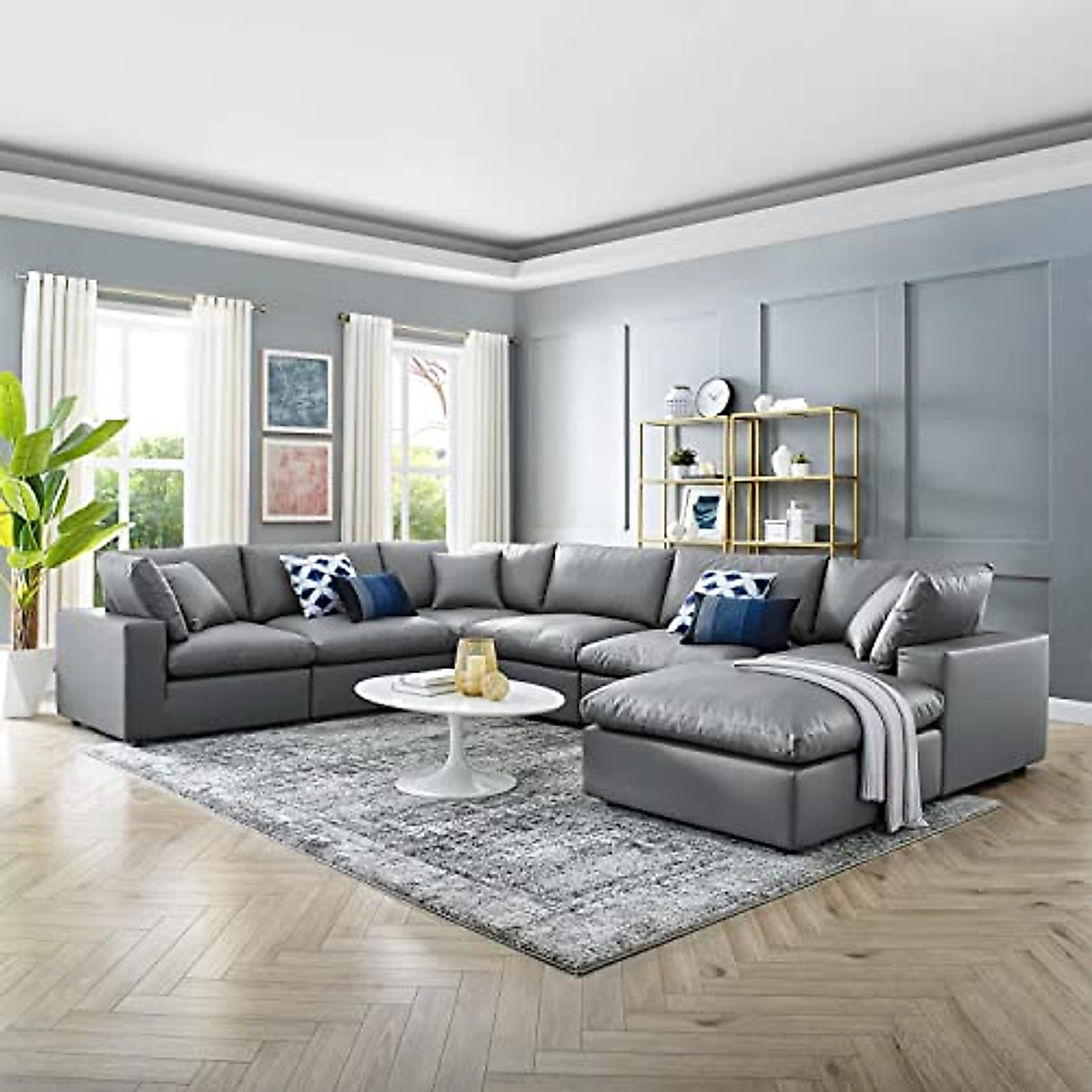Modway Commix Down-Filled Overstuffed Vegan Leather 7-Piece Sectional Sofa in Gray