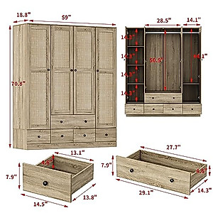 DiDuGo Armoires and Wardrobes 4 Door Wardrobe with Shelves and Drawers, Rattan Door Design, Armoire Wardrobe Closet with 2 Clothing Rods, Oak (59”W x 19”D x 70.4”H)