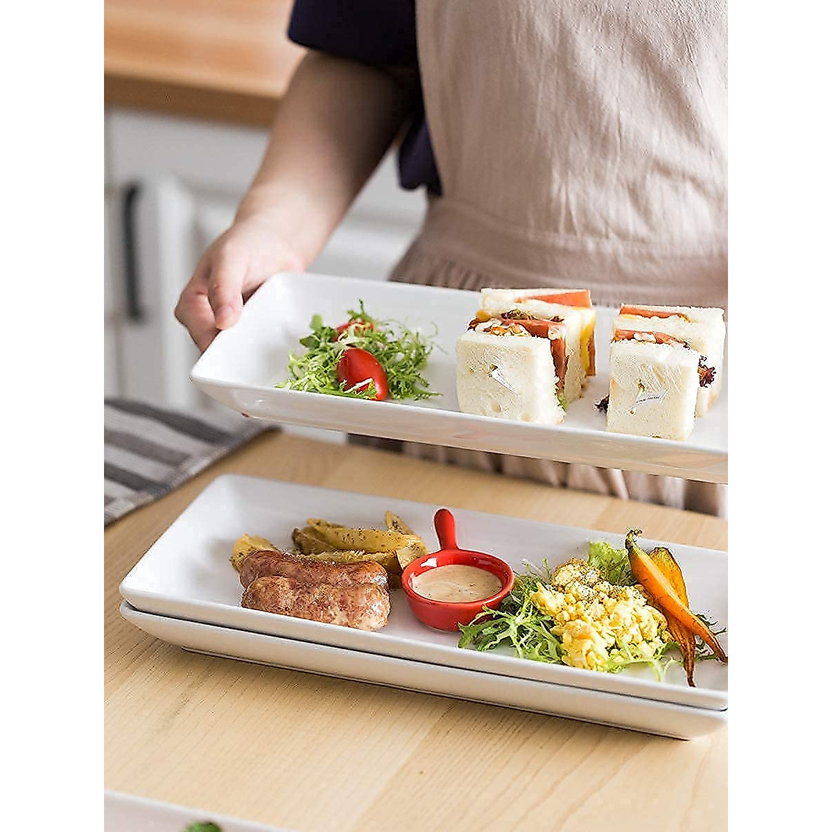 Porcelain Serving Platter Rectangular Plate/Tray for Party, 14-Inch Large White Microwave and Dishwasher Safe Set of 4