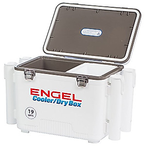 Engel UC19 19qt Leak-Proof, Air Tight, Fishing Drybox Cooler with Built-in Fishing Rod Holders, Also Makes The Perfect Small Hard Shell Lunchbox for Men and Women in White