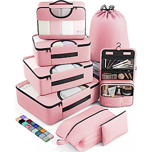 Veken 8 Set Packing Cubes for Travel, Suitcase Essentials Organizer Bags Set for Luggage, Road Trip Travel Accessories in 4 Sizes (Extra Large, Large, Medium, Small), Pink