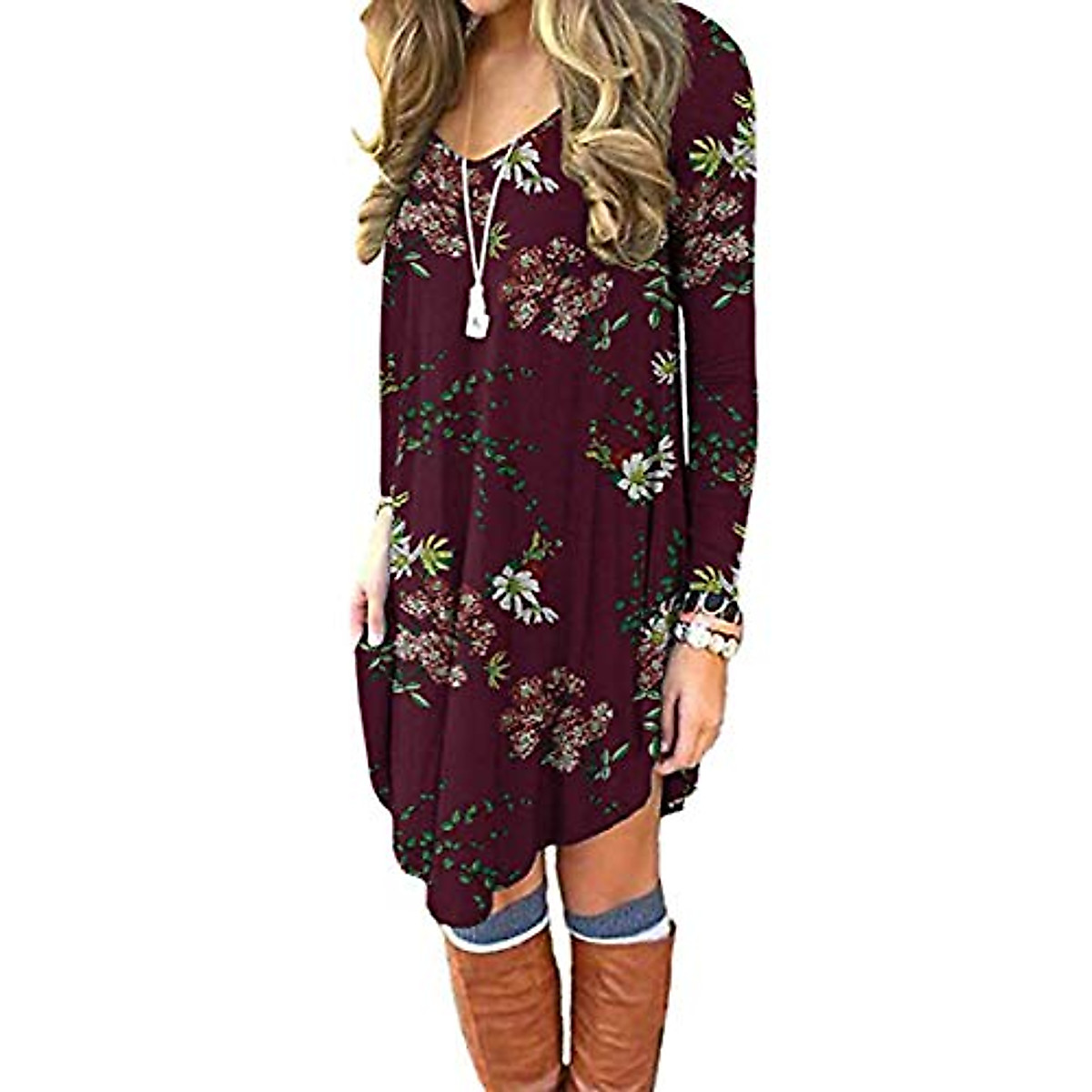 Womens V Neck Long Sleeve Casual Floral Printed Tunic Dresses Loose T-Shirt Dresses