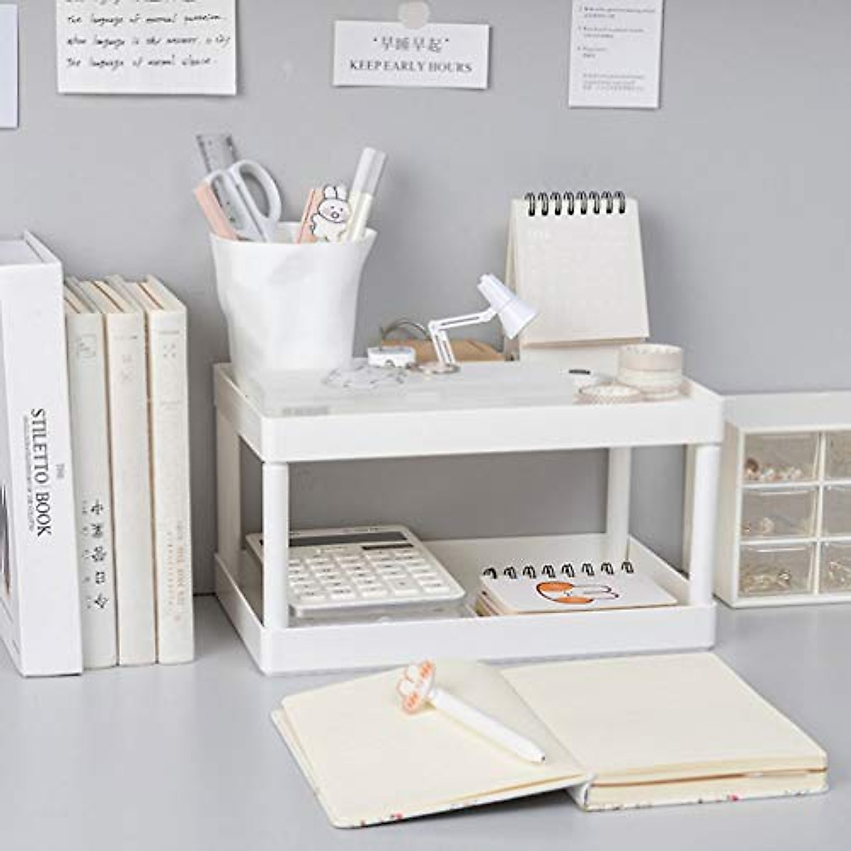 Housoutil Skincare Containers Desktop Storage Rack 2 Layers Cosmetic Organizer Shelf Countertop Stationary Rack Table Sundries Display Shelf for Kitchen Bathroom Office Dormitory White Pallet Racking