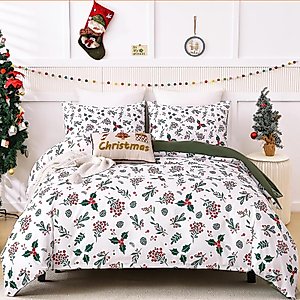 WONGS BEDDING Christmas Duvet Cover Set King,Merry Christmas Holly Berry Printed Bedding Duvet Cover,3 Pieces New Year Bedding Set with 2 Pillowcases 104”X 90”