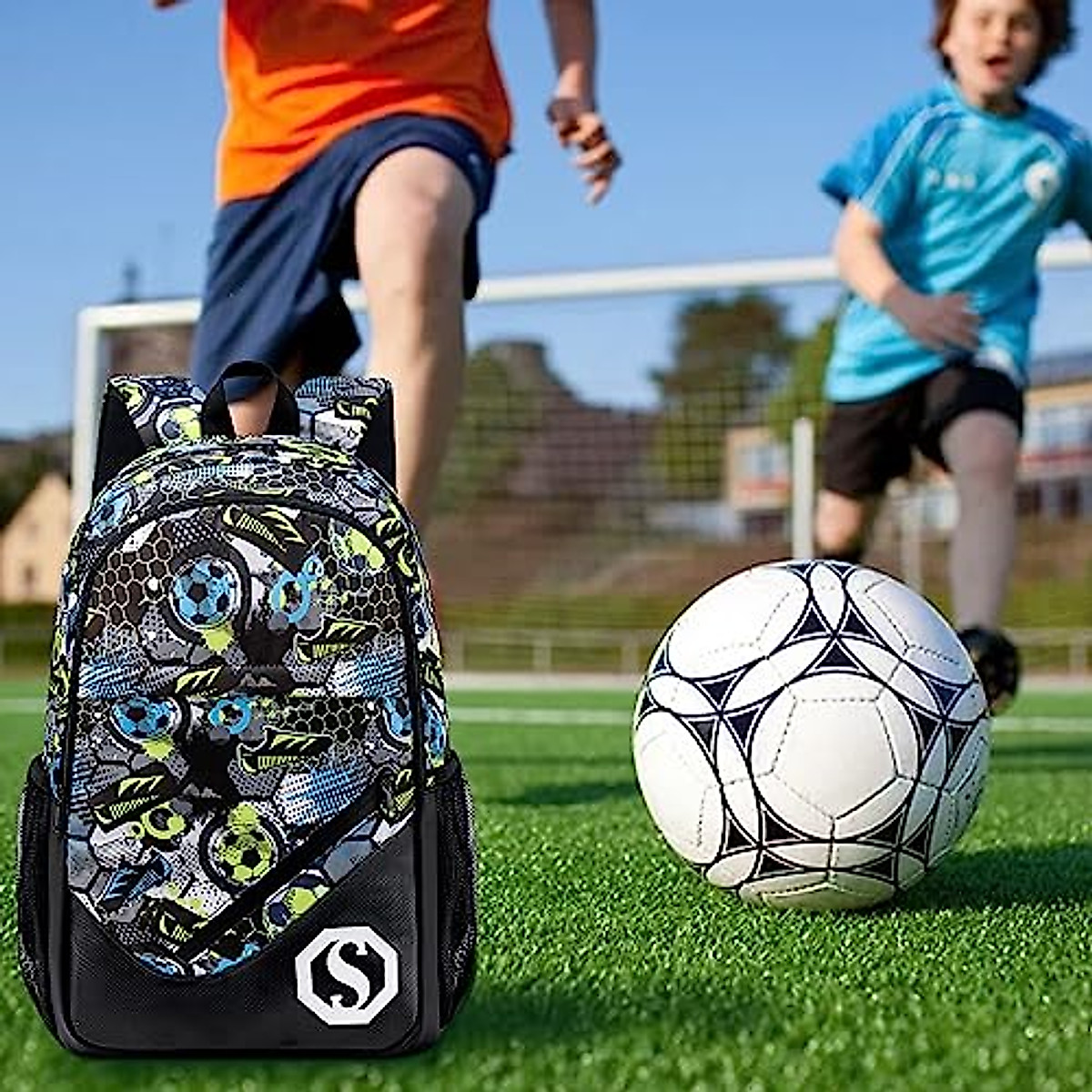 CAMTOP School Backpack Kids Boys Soccer Bookbag Set Student Backpack with Lunch Box and Pencil Case (Football,Graffiti Print)
