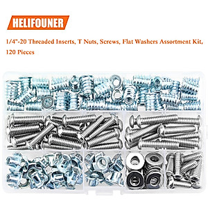 HELIFOUNER 1/4"-20 Threaded Inserts for Wood Furniture, 1/4"-20 T Nuts, 1/4-20 x 3/4", 1", 1-1/4" Button Head Socket Cap Screws, 1/4" Flat Washers Assortment Kit, 120 Pieces