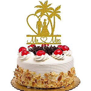 Funny Wedding Cake Topper Tropical Palm Tree Hawaii Beach Themed Wedding Party Supplies Bride & Groom with Hand in Hand Travel Theme Party Decors Gold Glitter