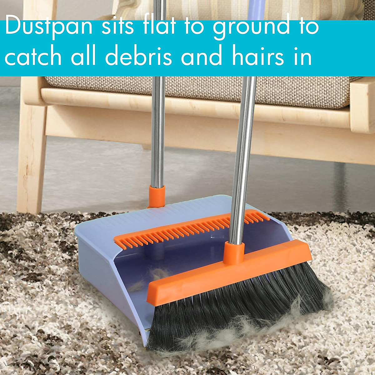 PHYEX 2-Pack Broom and Dustpan Set for Sweeping Indoor, Broom Dustpan with 48" Long Handle, Broom with Dustpan Combo Set(Purple)