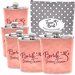 Bridesmaids Proposal Gift For Wedding, Stainless Steel & Leather Flask 8 Oz, Leakproof & Stamped With Team Bride. For Bachelorette Party Favors or bridesmaids Gift Boxes. (Sand Pink, 5)
