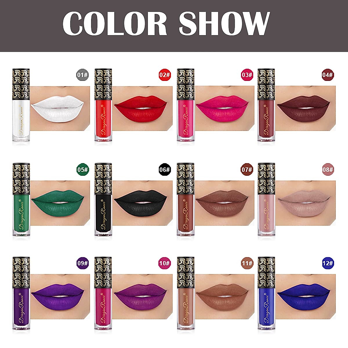 12Pcs Dark Liquid Lipstick Matte Sets, 24-Hour Smudge Proof Long Lasting Matte Lipstick Lip Stain Lip Gloss Set-White/Red/Vampire/Green/Black/Chocolate/Purple/Nude/Blue