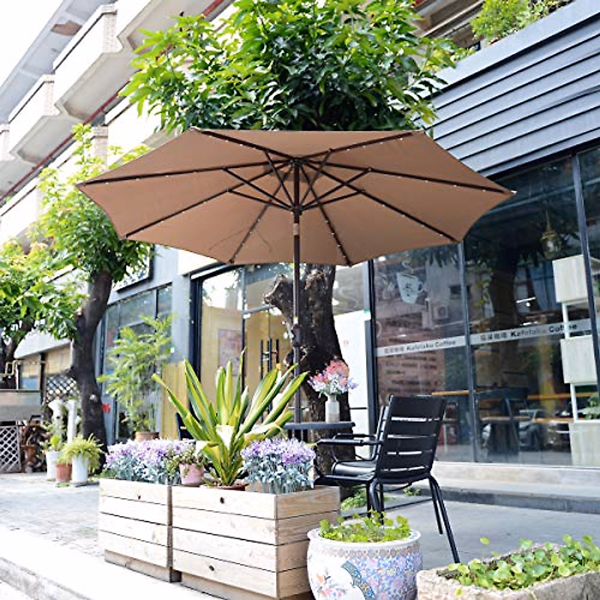 VILLACERA 83-OUT5421 9' LED Lighted Outdoor Patio 8 Steel Ribs and Push Button Tilt, Solar Powered Market Umbrella, Brown