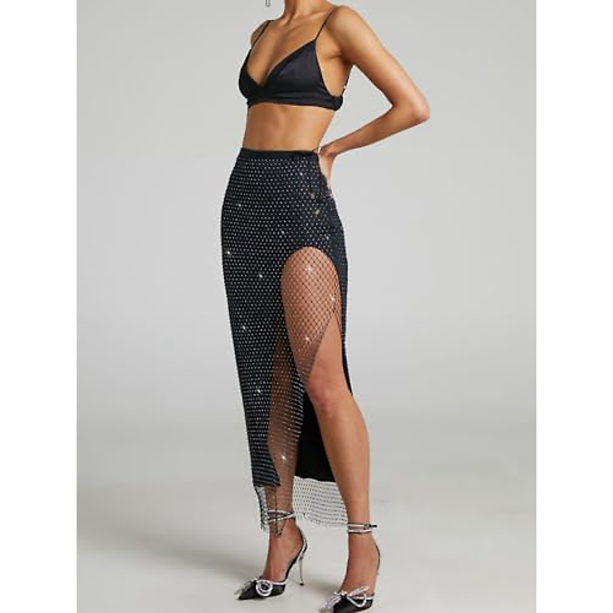 Lorealri Crystal Mesh Skirt Black Rhinestone Fishnet Cover Up Skirt Split See Through Dress Swimsuit Night Club Coachella Outfits Belly Accessories Jewelry for Women and Girls
