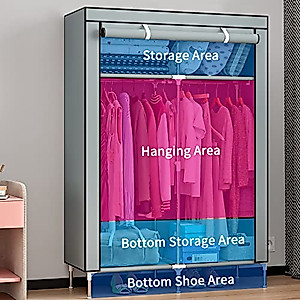 TIE-DailyNec Closet Portable Wardrobe Clothes Storage Organizer with Hanging Rails, Non-Woven Fabric Wardrobe Freestanding Storage Shelves, Durable & Easy Assembly Closet (Silver Gray)