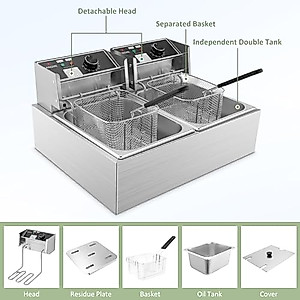 Commercial Deep Fryer, 3400W Electric Deep Fryers with 2x6.35QT Baskets 0.8mm Thickened Stainless Steel Countertop Oil Turkey Fryer 20.7QT Large Capacity with Temperature Limiter