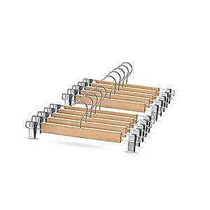 High-Grade Wooden Pants Hangers with Metal Clips Grip Clip Pants Hanger, Smooth Finish Solid Wood Jeans/Skirt Hanger, 360° Swivel Hook - Clip Hanger for Pant, Skirts, Slacks - 10 Pack, Natural