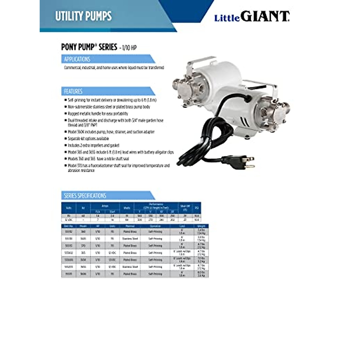 Little Giant 360S 115 Volt, 360 GPH 1/10 HP Stainless Steel Non-Submersible Multi-Purpose Utility Water Transfer Pony Pump with 6-Ft. Cord, White, 555110