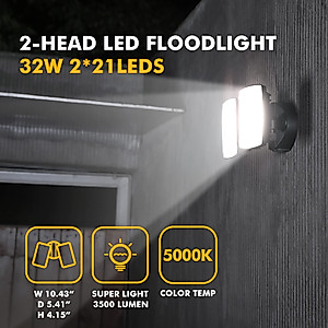 LUTEC LED 3500 Lumen 32W 5000K Integrated Dual-Head Floodlight Outdoor Dusk to Dawn Waterproof Exterior Security Wall Light for Patio Garden Yard