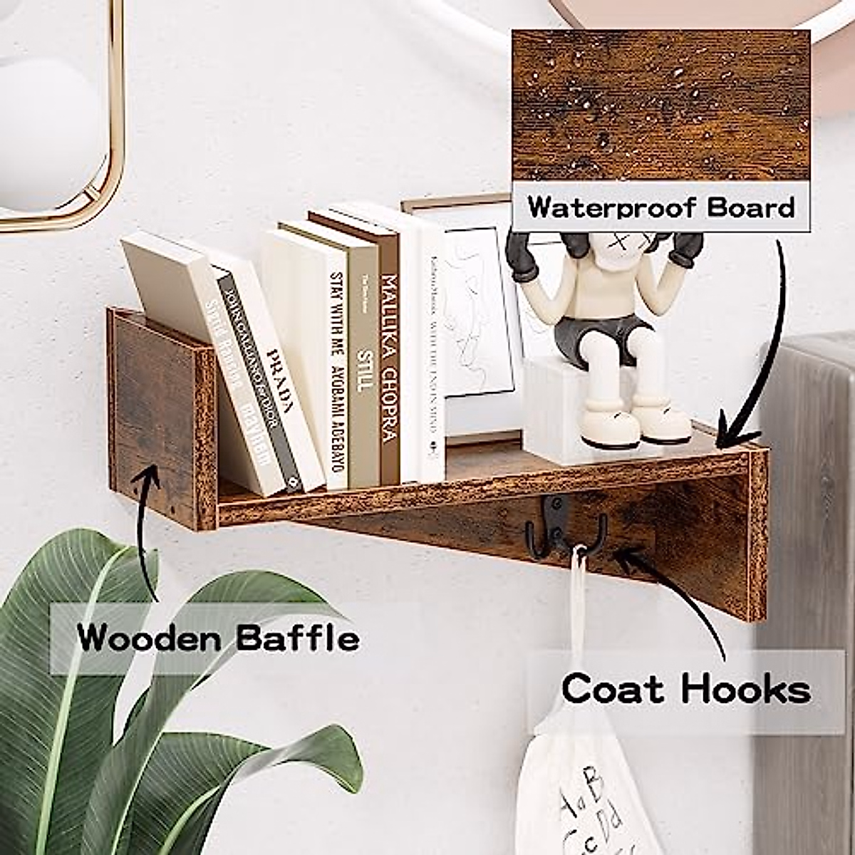 Gannyfer Floating Shelves - Set of 2, Rustic Wood Wall Shelf with Coat Hooks for Home Decor Storage, Small Wall Mounted Hanging Shelves for Bedroom, Kitchen, Living Room, Bathroom & Farmhouse, Brown