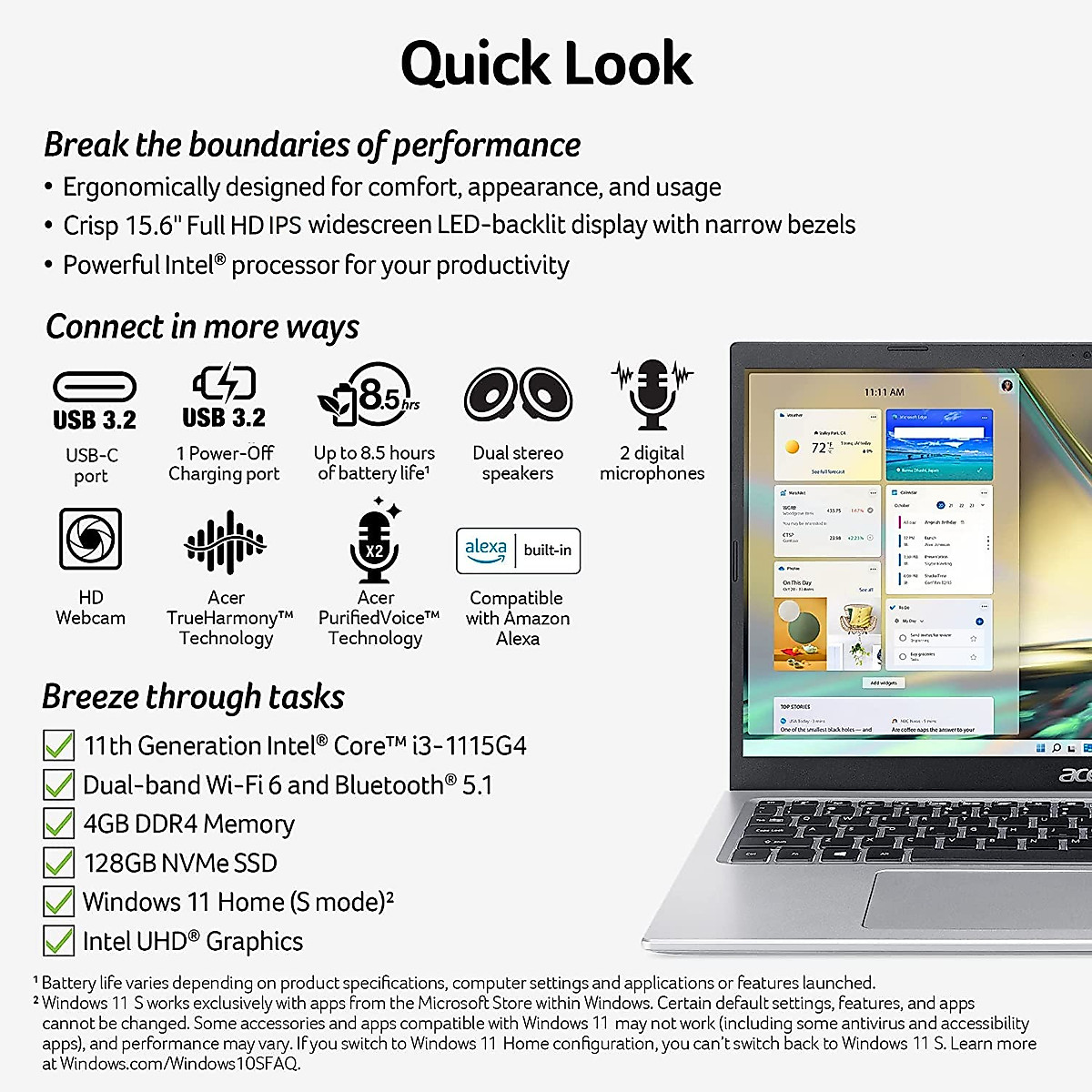 acer Aspire 5 Slim 15.6" FHD IPS Laptop 2023 Newest, Intel Core i3-1115G4, 12GB RAM 512GB NVMe SSD, Wi-Fi 6, HDMI, USB A&C, Ethernet RJ-45, Webcam, Windows 11 S, w/Mousepad