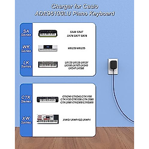 VHBW 9.5V Charger Replacement for Casio Keyboard Power Cord ADE95100LU Compatible with Casio Keyboard Power Supply CTK-2400 CTK-2500 CTK-2090 CTK-3200 SA-76 SA-46 SA-77 Mini Keyboard (5.9Ft Long)